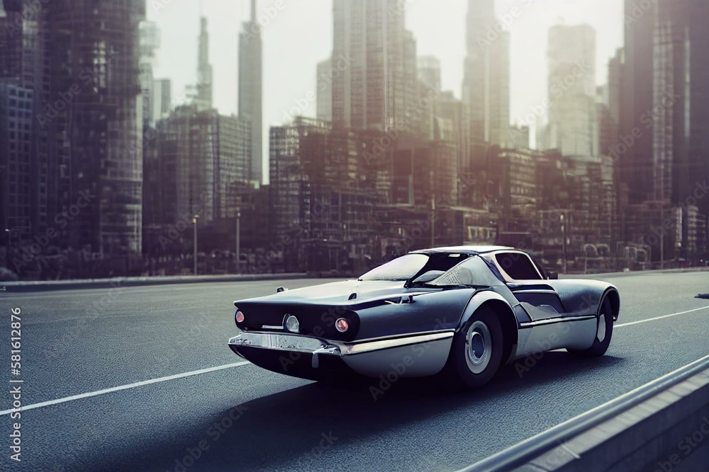 Ilustracja Stock: vintage car in modern city rides along highway among ...