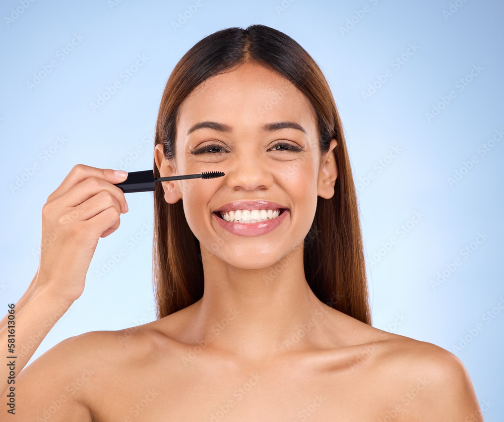 Beauty portrait, woman and mascara makeup with a smile for cosmetics on ...