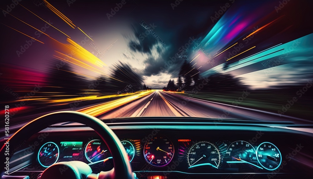 dashboard car in long exposure dynamic speed colorfull light trails ...