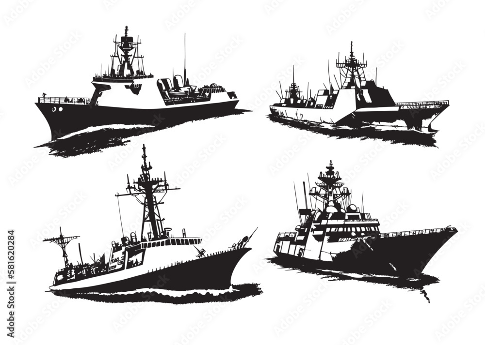 Poster Destroyer Ship Illustration Set, Destroyer Boat Drawings – Wall ...