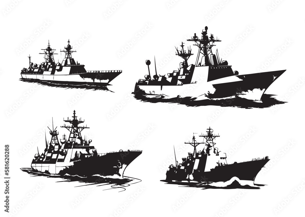 Destroyer Ship Illustration Set, Destroyer Boat Drawings Stock Vector ...