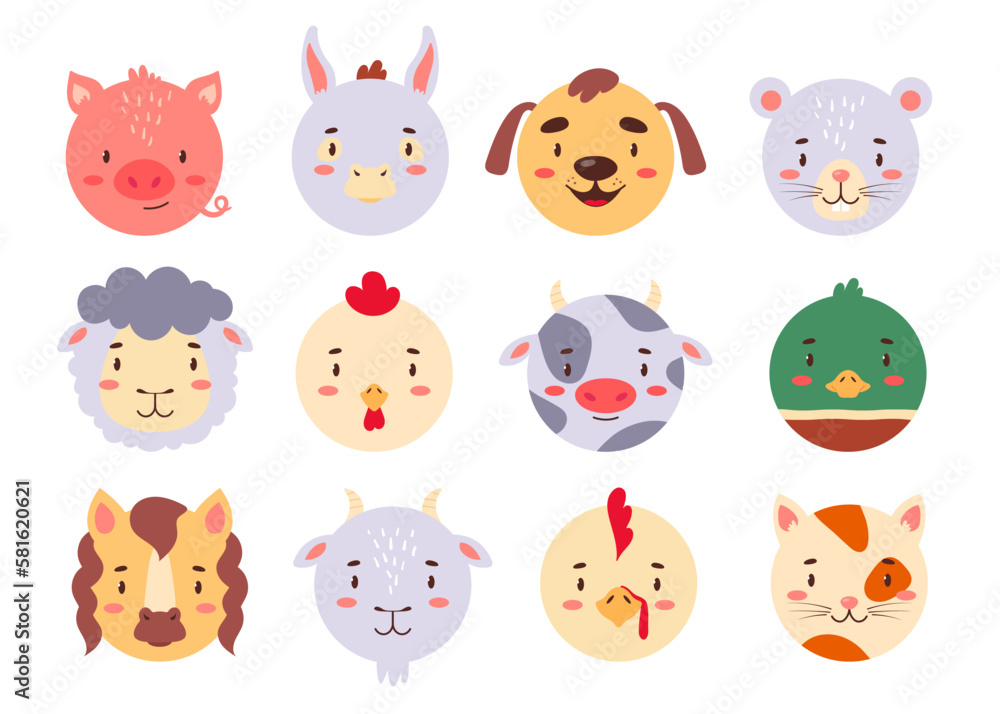 Circle animal faces set for UI or mobile application. Cute kawaii ...