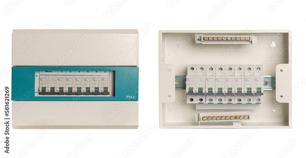 Consumer unit and circuit breaker on white background. Stock Photo ...
