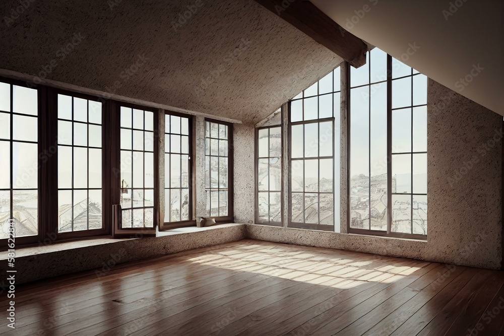 Attic loft with windows, stairwell, and hardwood floor. illustration ...