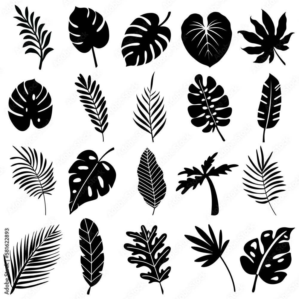 Tropical leaves vector illustration set of 20 realistic tropical leaf ...