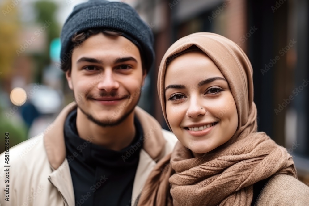 Smiling middle eastern students looking at the camera male and female ...