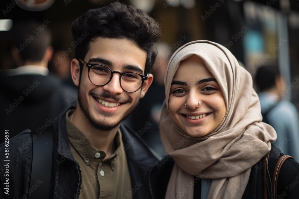 Smiling middle eastern students looking at the camera male and female ...