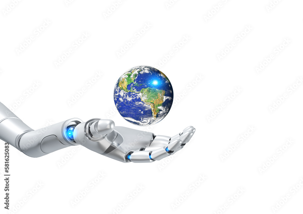 Robot Hand Holding planet Earth isolated on transparent background, 3d ...