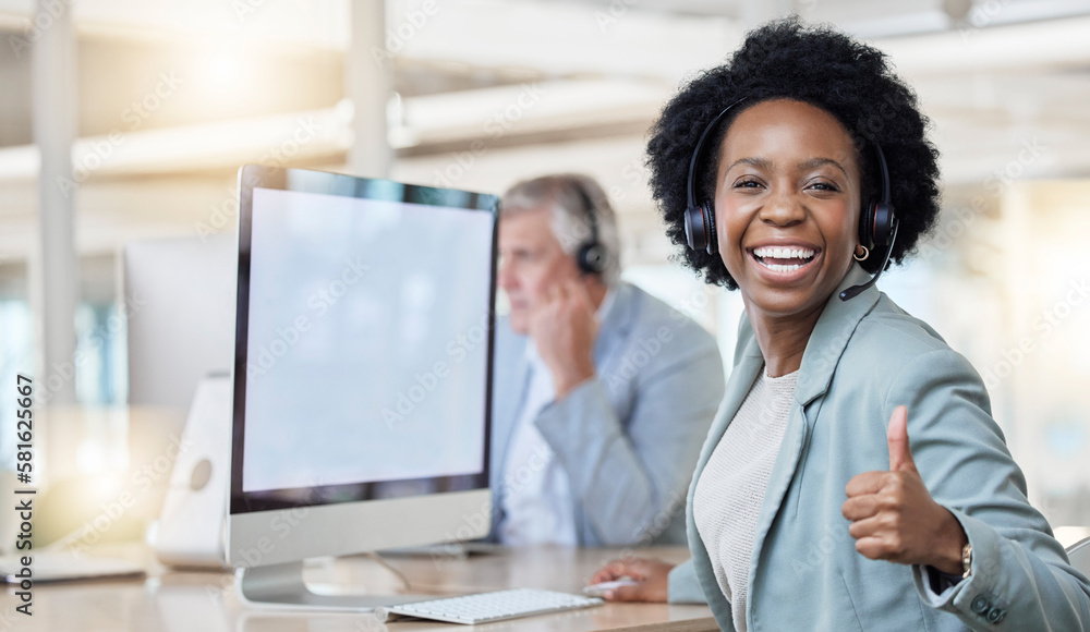 Laughing, portrait and black woman in a call center with a thumbs up ...