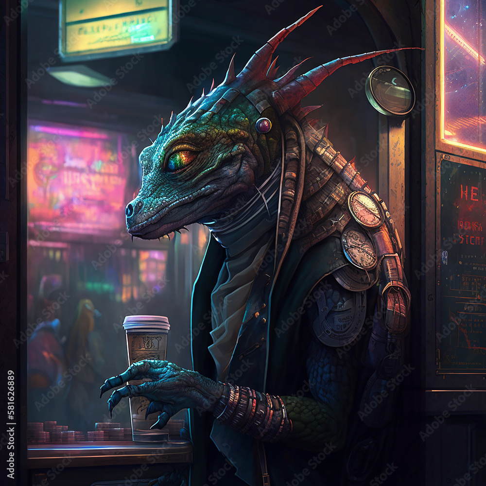Cyberpunk iguana entering a cyberpunk saloon/bar. Created using ai ...