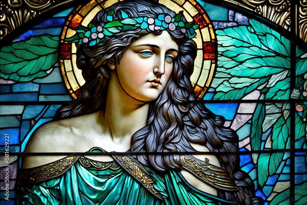 Artwork of a greek goddess woman made in glass technique, with blue ...