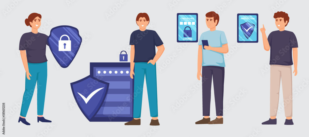 Digital data protection design vector. Cyber security cartoon character ...