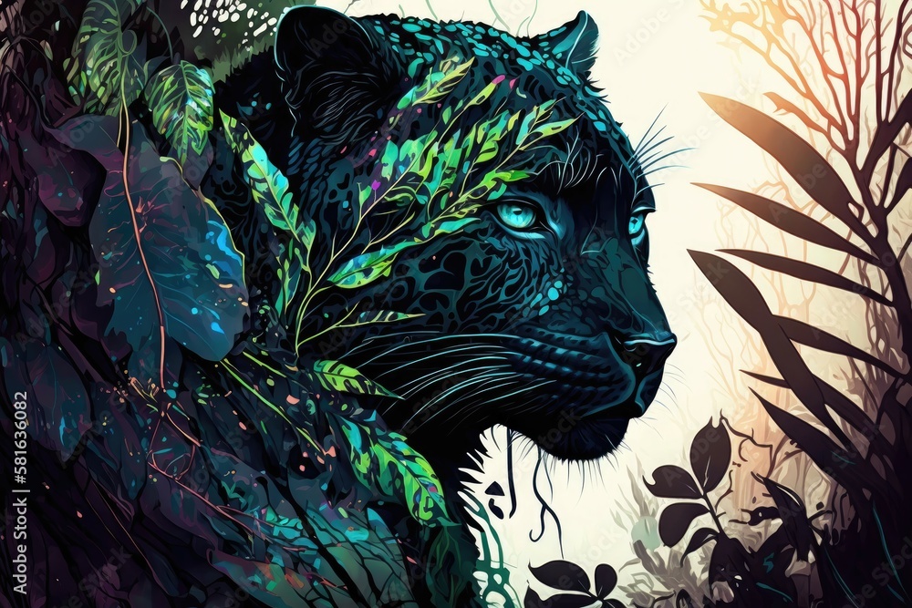 Naklejka Mysterious panther melted into the shadows of a jungle, its ...