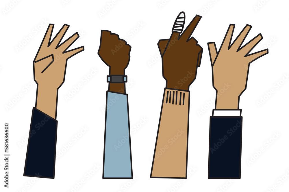 people raising hands that are different Ethnicity, gender, age and skin ...