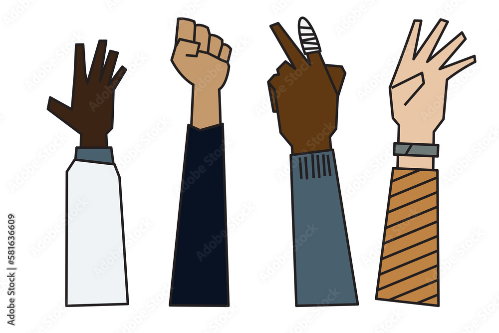 people raising hands that are different Ethnicity, gender, age and skin ...