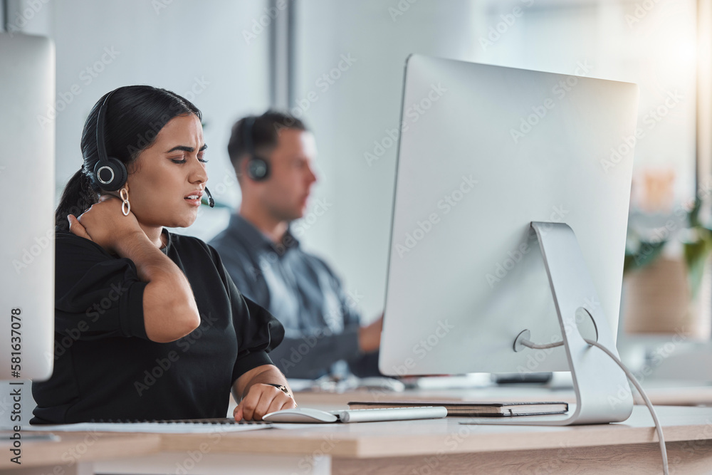 Crm, neck pain and business woman in a call center office with shoulder ...