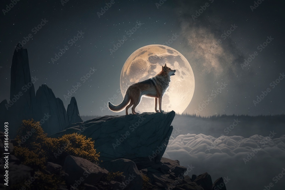 a wolf standing on top of a rocky hillside under a full moon, a ...