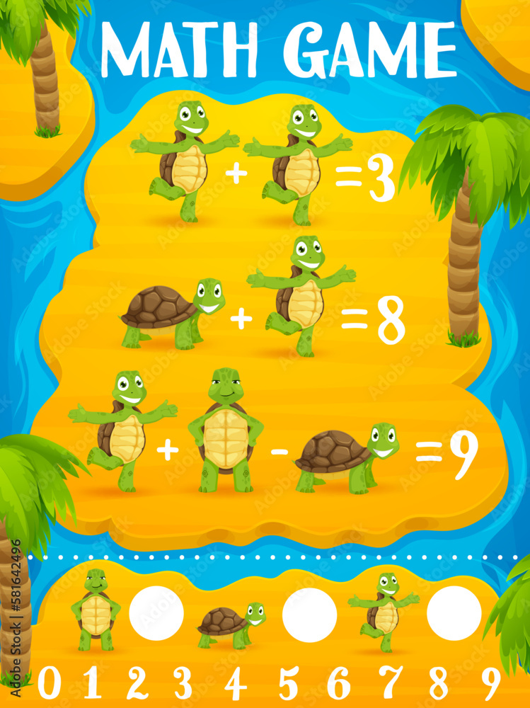 Math game worksheet cartoon turtle characters on tropical island ...