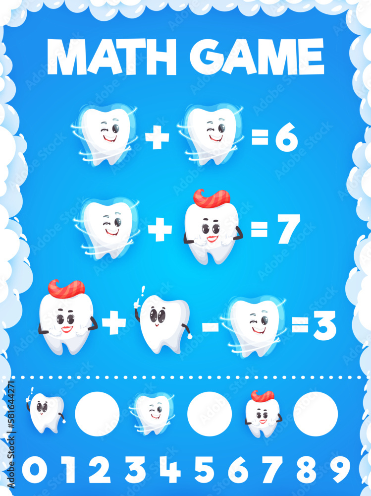Cartoon tooth characters math game worksheet. Vector educational ...