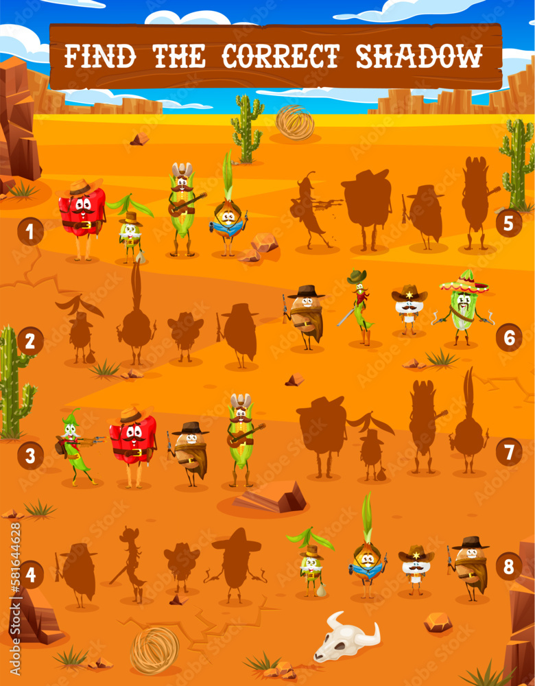 Shadow matching game cartoon cowboy and bandit vegetable characters ...