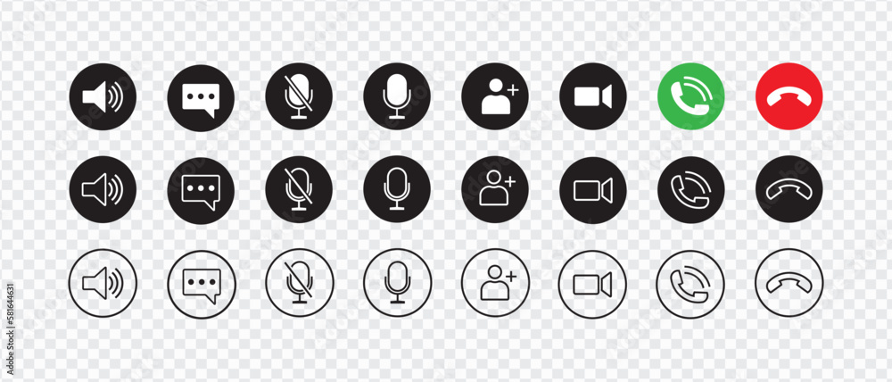 Video call icon set for conferencing and chat UI. Transparent buttons ...
