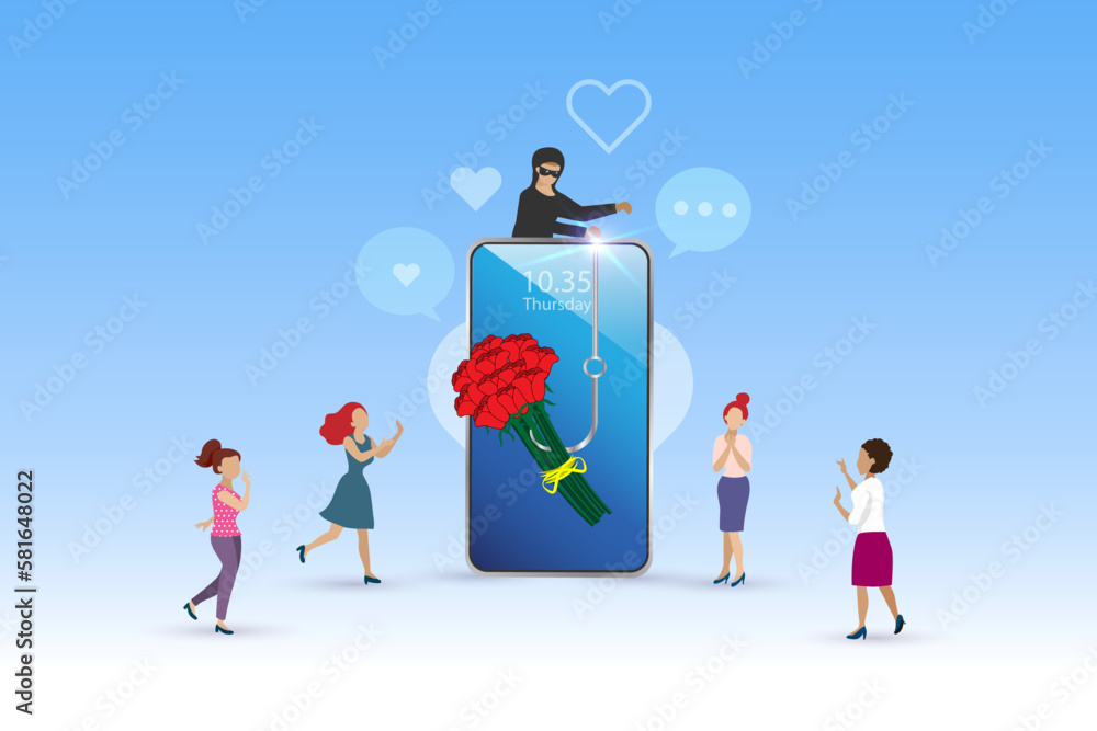 Romance scam, online dating phishing scam. Red roses bouquet with ...
