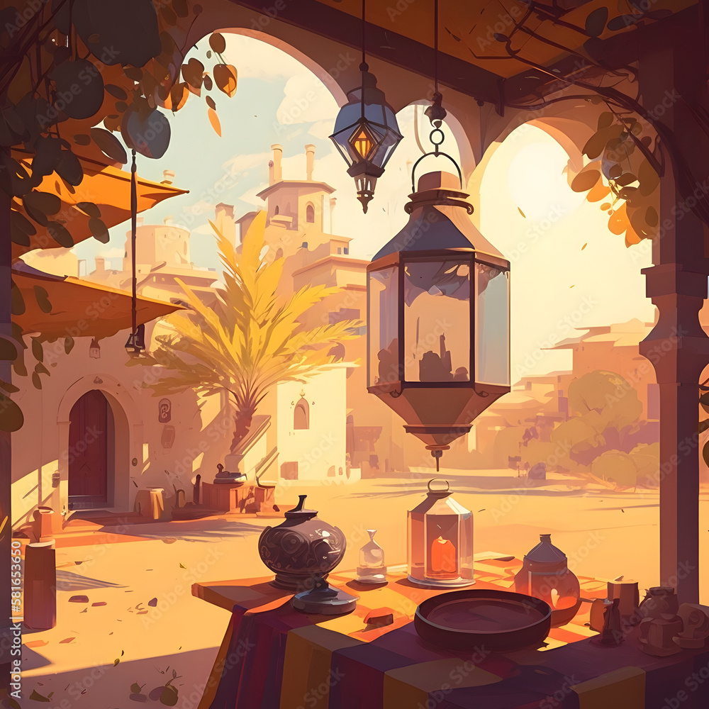 Ramadan Arab village scenery background illustrations, Arab street view ...