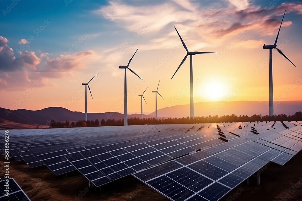 solar power plant with wind turbines at sunset under a blue sky. Power ...