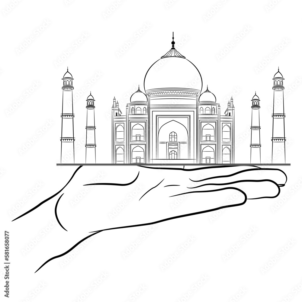 Human hand holding Taj Mahal on open palm. Indian marble mausoleum of ...