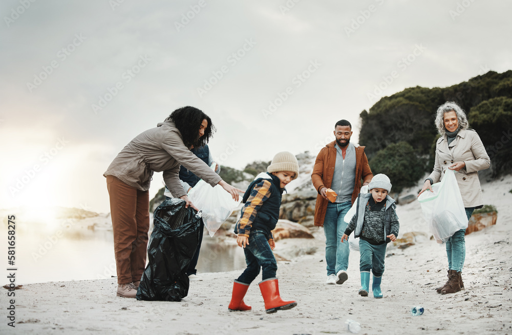 Beach cleaning, trash and children, family or volunteering group in ...
