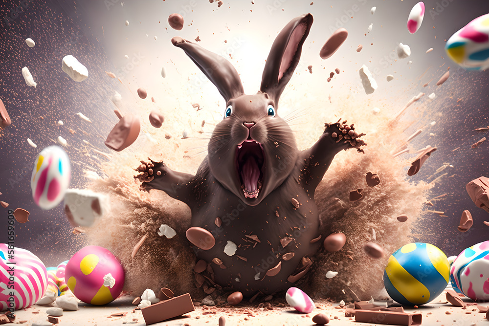 Horror scare - crazy, scary chocolate easter bunny explodes in a ...