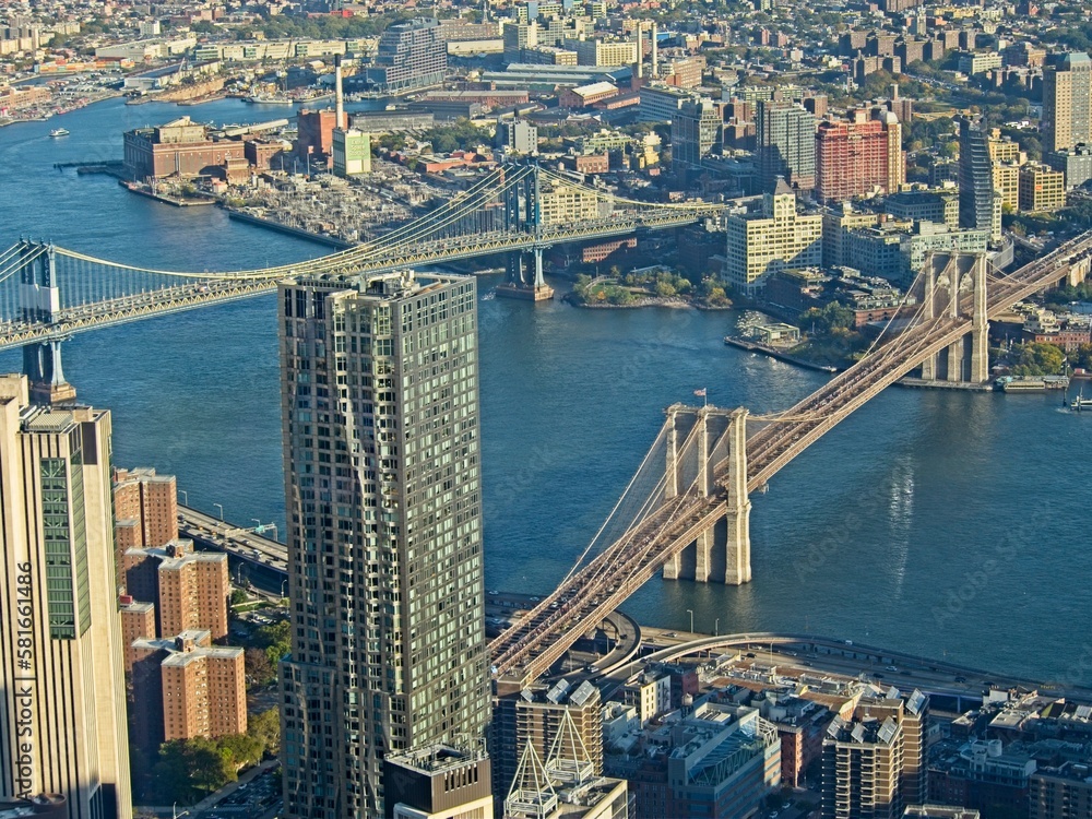Looking down on Manhattan and the Brooklyn Bridge from atop the One ...