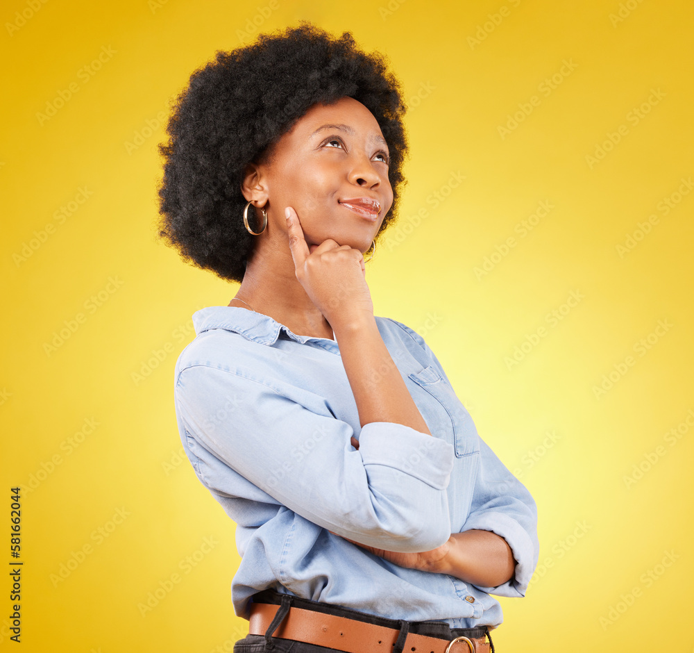 Black woman, thinking face and smile in studio with idea or memory on ...