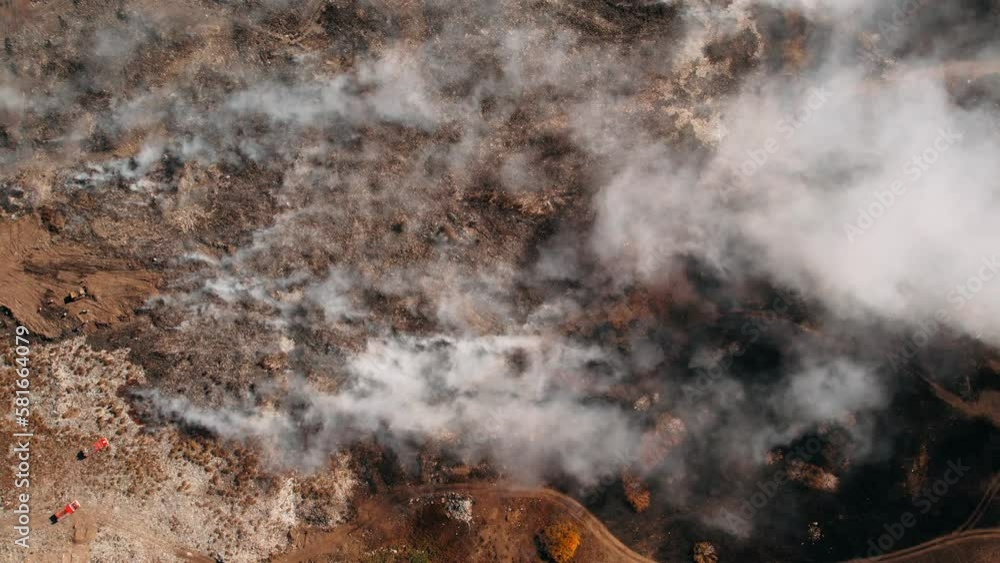 Aerial view of big smoke clouds and fire on the field. Flying over wildfire and plumes of smoke ...