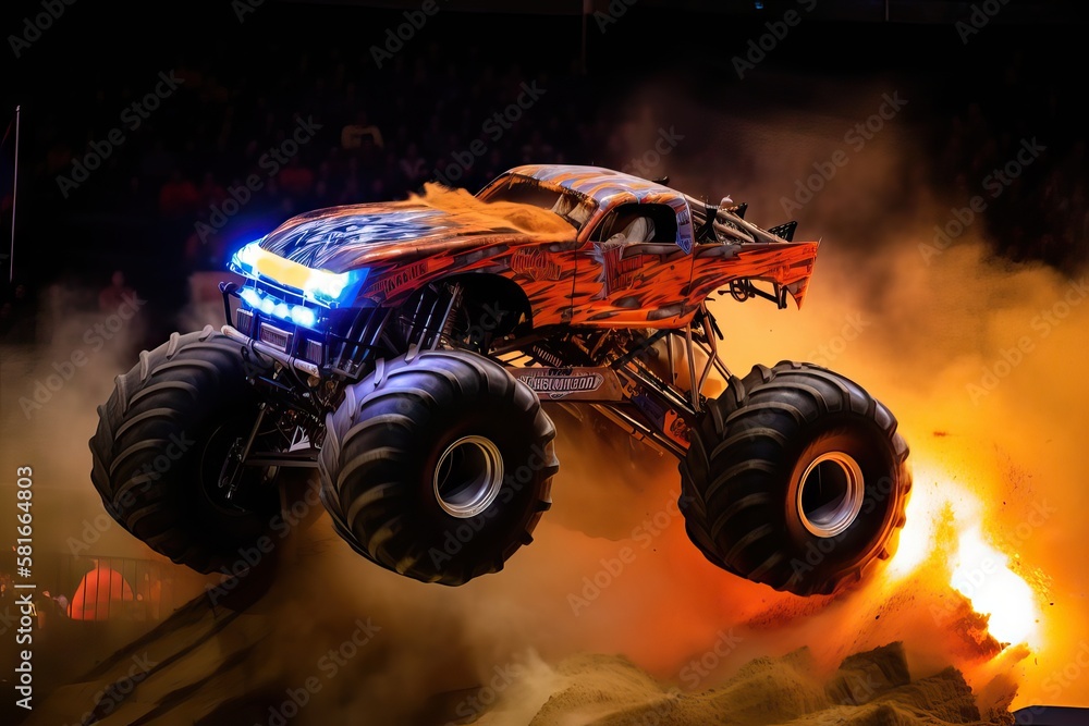 Monstrer Truck in Action, jumping over other cars on high speed, on a ...