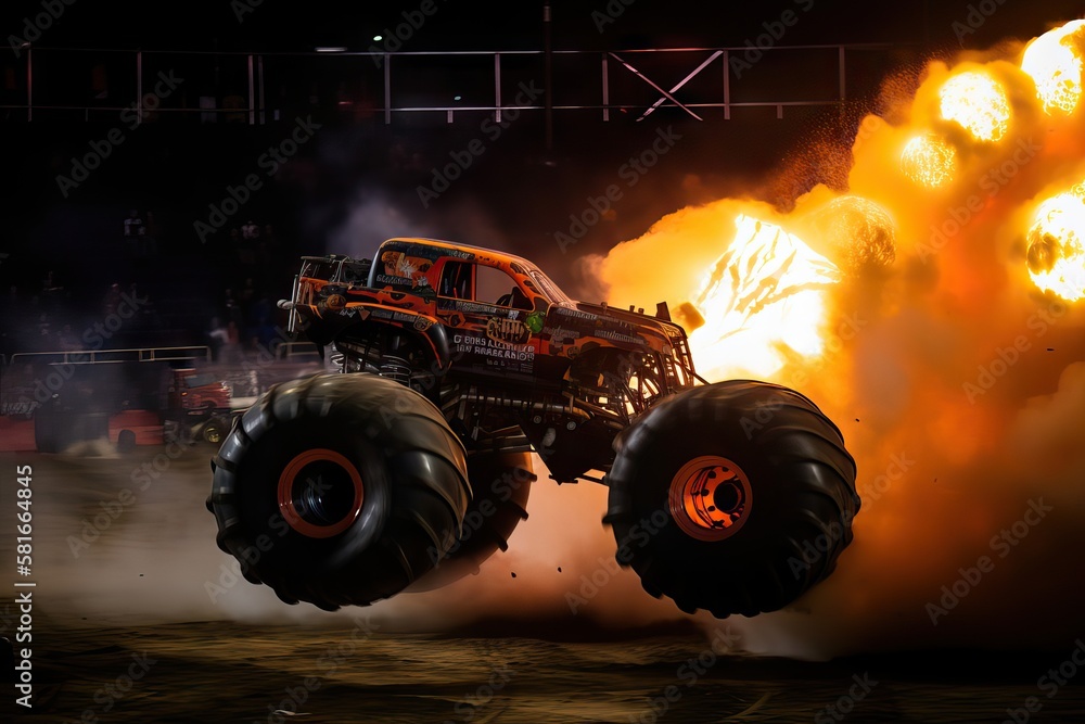 Monstrer Truck in Action, jumping over other cars on high speed, on a ...