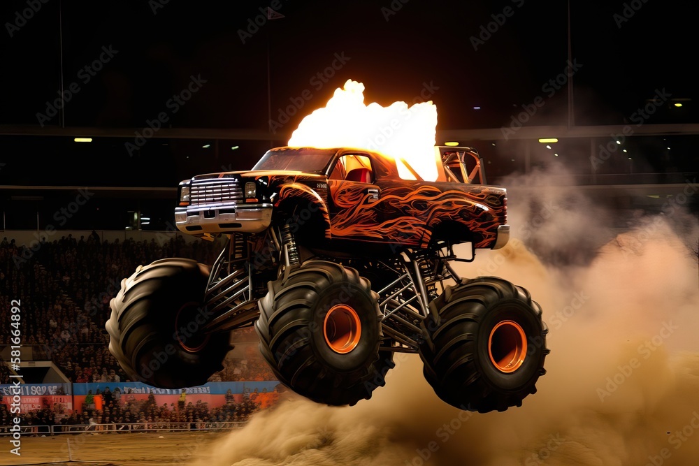 Monstrer Truck in Action, jumping over other cars on high speed, on a ...