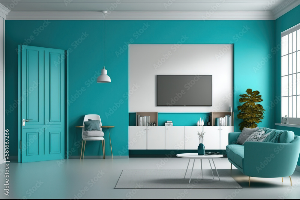 Contemporary basic interior design living room with turquoise blue ...
