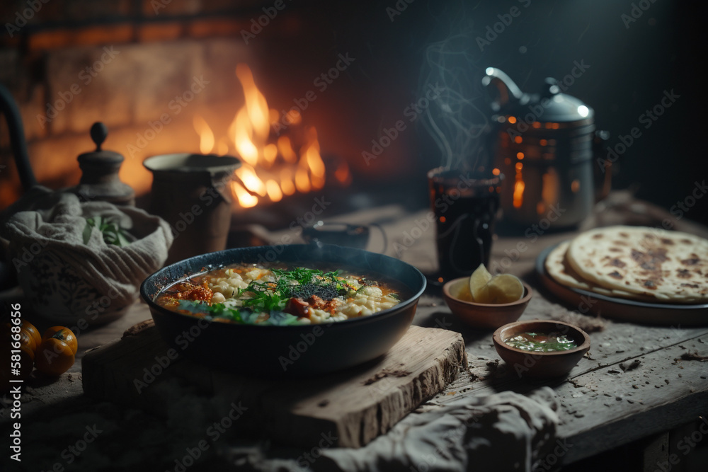 Russian cuisine with Russian products. lunch and national cuisine. Food ...