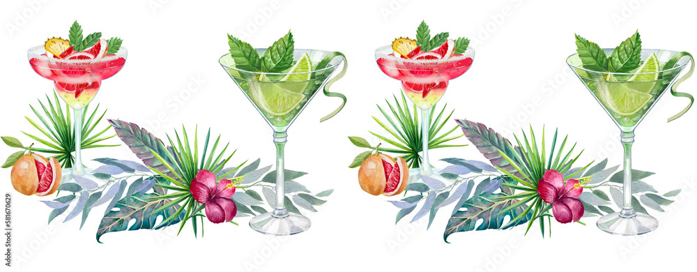 Seamless border with drinks and tropical plants and flowers Stock ...