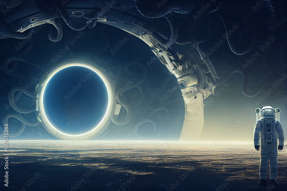 astronaut looking at the alien tentacles coming out of the portal ...