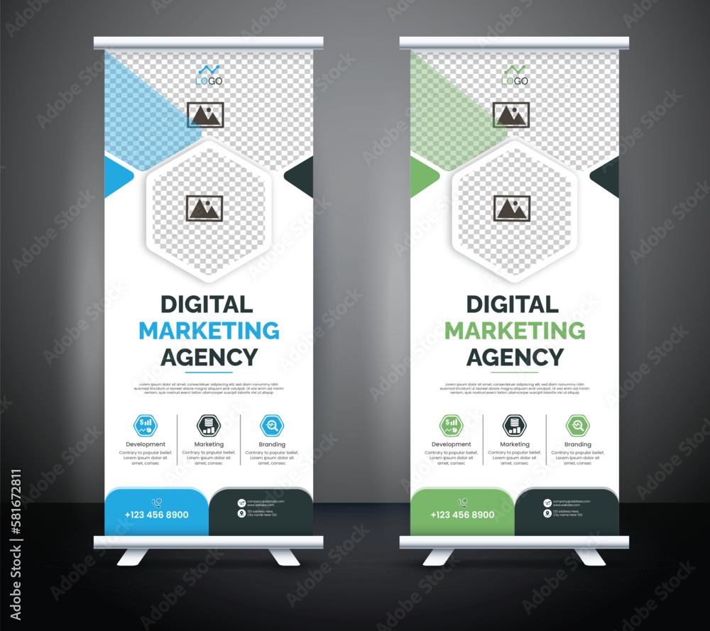 Roll up banner stand template design, blue banner layout, advertisement ...