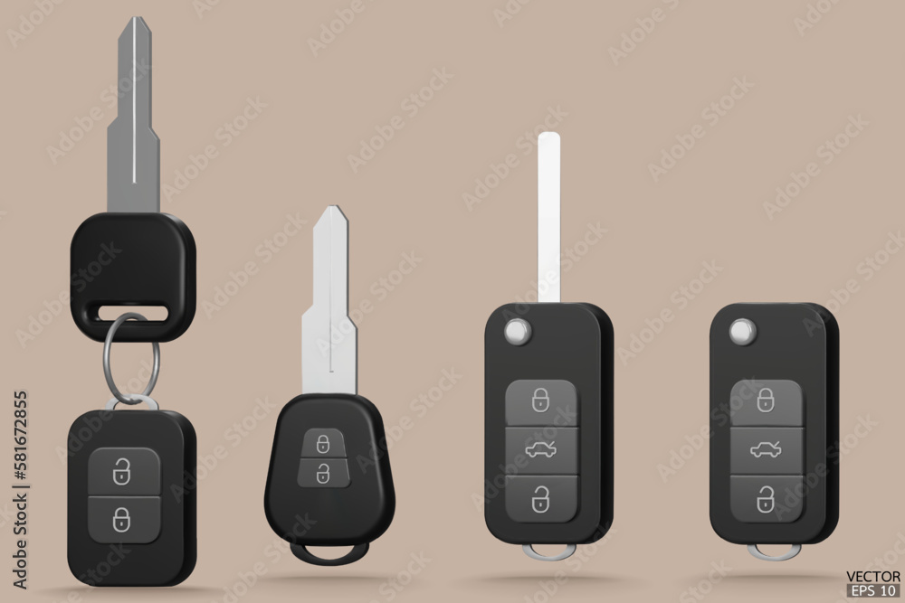 Set of electronic car keys with alarm system. Realistic black car keys ...