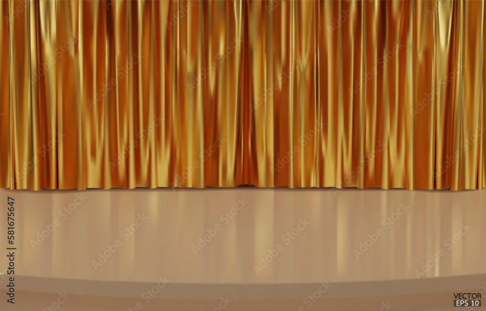 Empty theater stage with golden velvet curtains. Closed gold stage ...