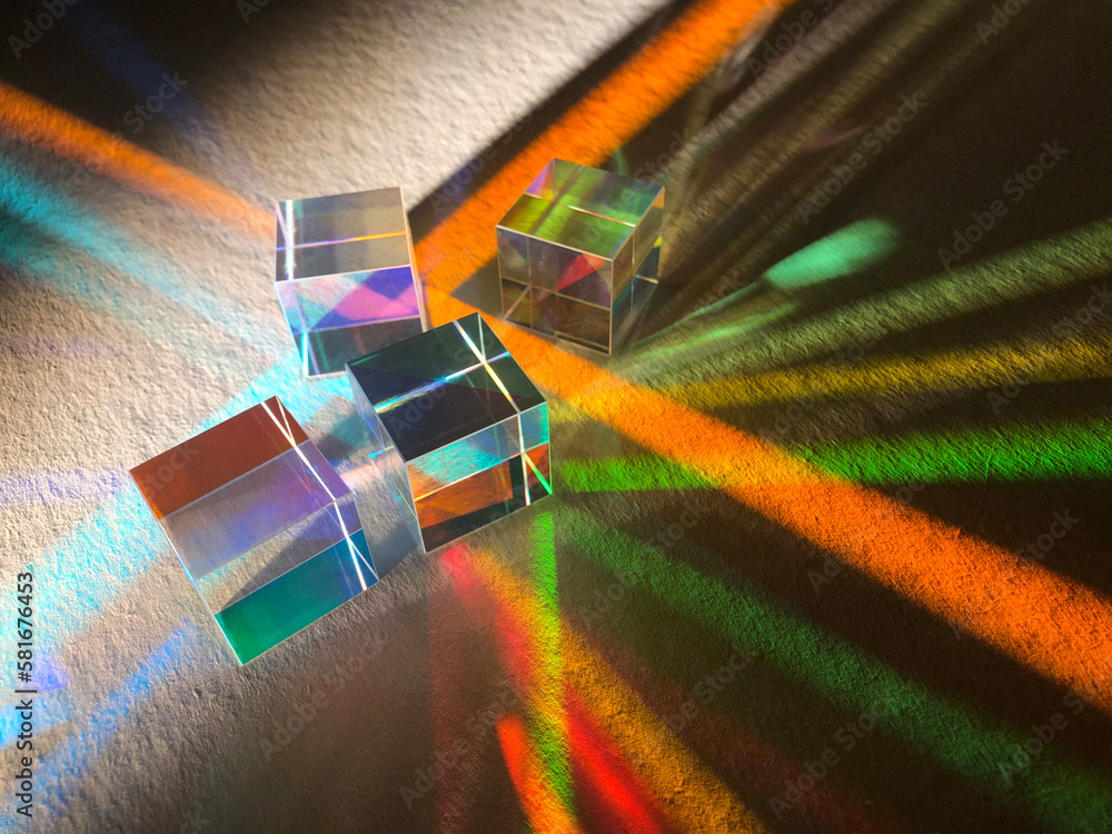 Artistic dispersion of artificial light, dichroic square glass cube ...