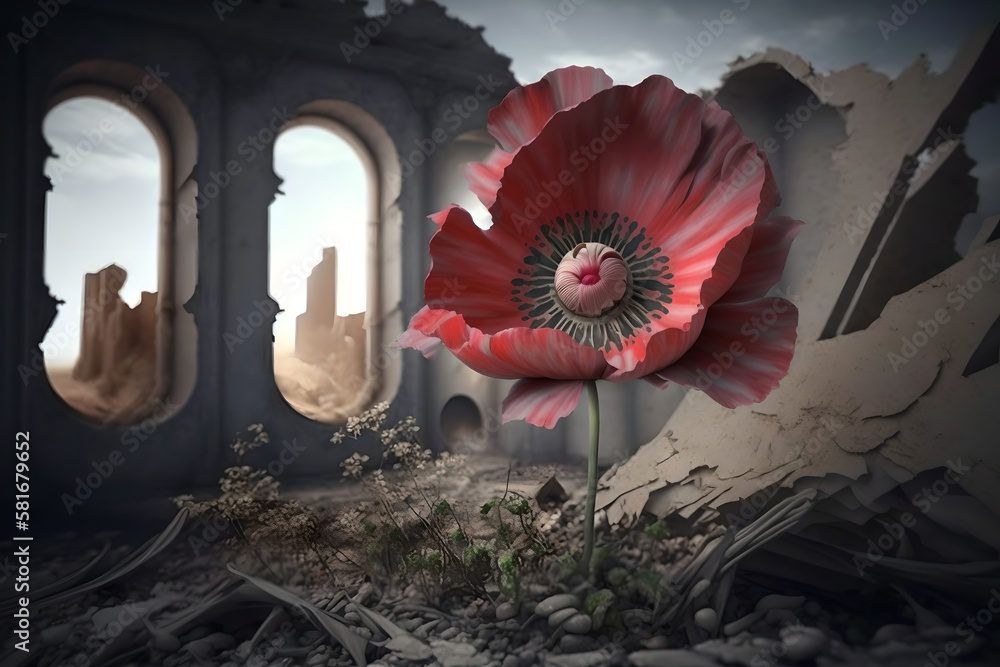 A flower of hope grows out of the ruins and destruction of war and ...
