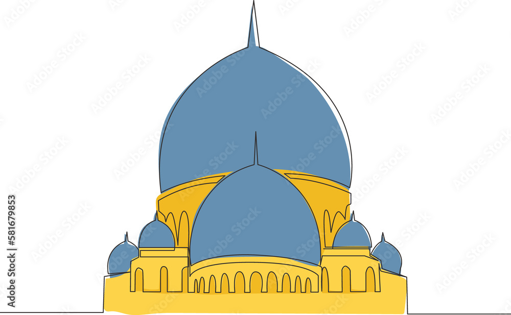 One single line drawing of Islamic historical dome landmark masjid or ...