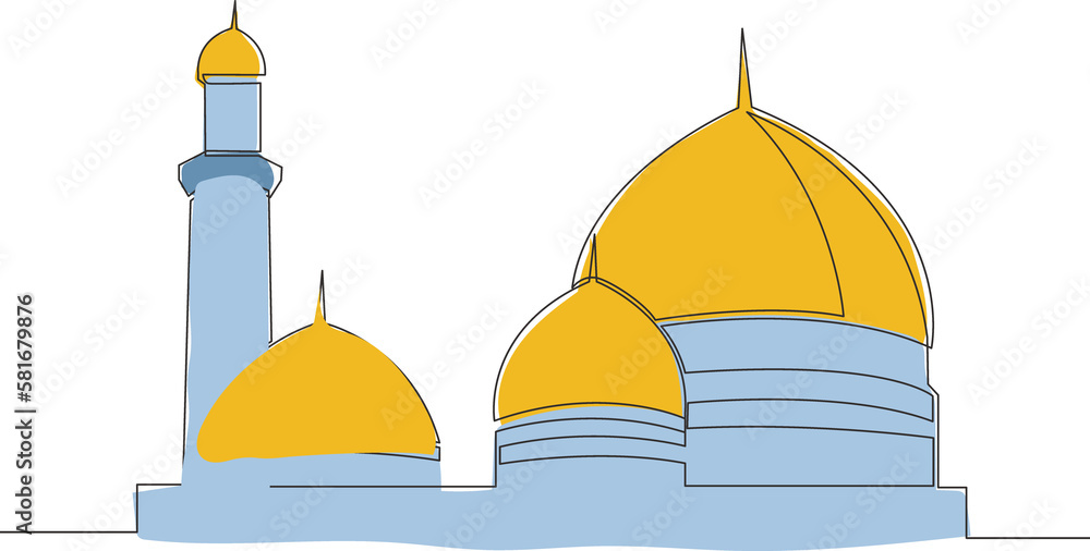 Single continuous line drawing of historical dome landmark mosque or ...