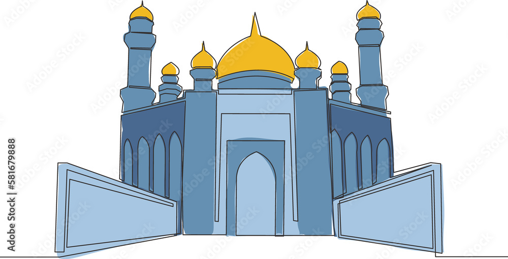 One single line drawing of Islamic historical dome landmark masjid or ...