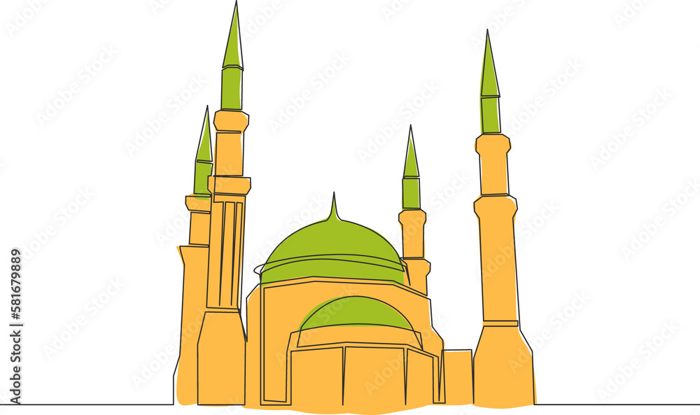 Single continuous line drawing of muslim historical landmark masjid or ...
